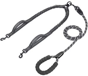 iyopets double dog leash with two extra traffic handles, 360 swivel no tangle dual dog walking leash, comfortable shock absorbing reflective bungee for two dogs (18~120 lbs, black)