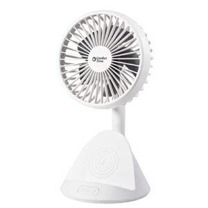 Comfort Zone CZPF401WT 4” Rechargeable Fan with Wireless Charger - USB Chargeable Lithium Battery, Adjustable Tilt - Powerful & Portable, Cooling & Charging, White