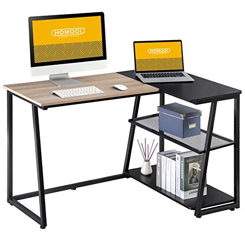 HOMOOI Small L-Shaped Desk with Storage Shelves, 47.2 Reversible Corner Writing Table for Home Office, Oak and Black