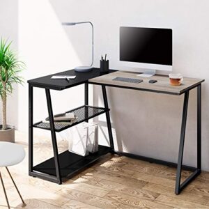 HOMOOI Small L-Shaped Desk with Storage Shelves, 47.2 Reversible Corner Writing Table for Home Office, Oak and Black