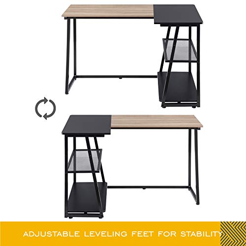 HOMOOI Small L-Shaped Desk with Storage Shelves, 47.2 Reversible Corner Writing Table for Home Office, Oak and Black