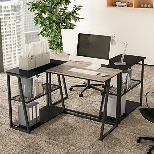 HOMOOI Small L-Shaped Desk with Storage Shelves, 47.2 Reversible Corner Writing Table for Home Office, Oak and Black