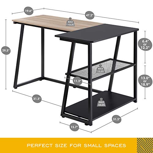 HOMOOI Small L-Shaped Desk with Storage Shelves, 47.2 Reversible Corner Writing Table for Home Office, Oak and Black