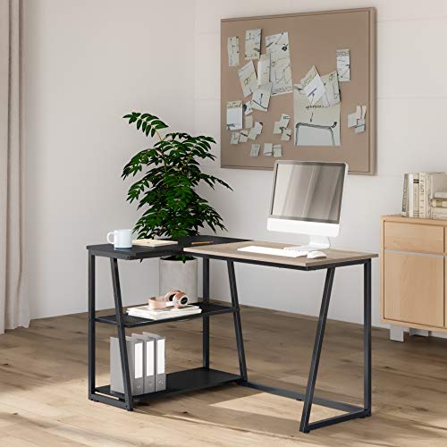 HOMOOI Small L-Shaped Desk with Storage Shelves, 47.2 Reversible Corner Writing Table for Home Office, Oak and Black