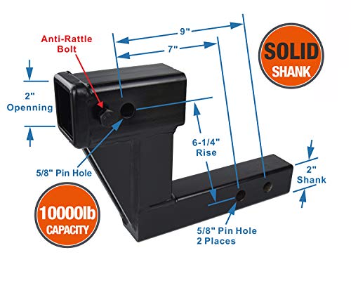 TOPTOW Trailer Hitch Extender Adapter with 6-inch Riser/Drop, 2" Receiver, 2-inch Solid Shank, 10000lbs Capacity, Anti-Rattle Bolt