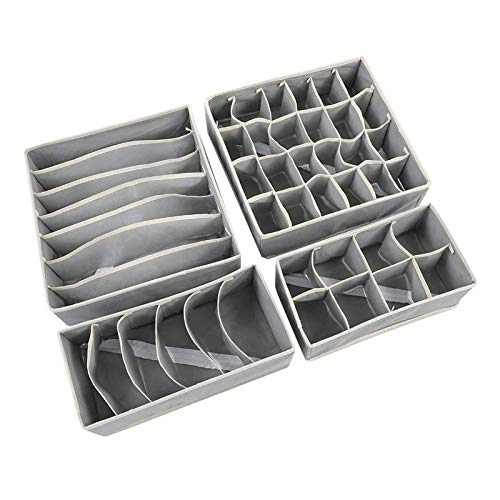 PJCSEC 4 Pcs Underwear Drawer and Closet Organizer Storage Boxes Dresser Drawer Divider Organizer for Socks Bra Underwear Clothes(Grey)