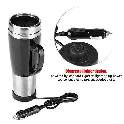 Car Electric Kettle, Car Electric Stainless Steel Heating Cup Coffee Tea Drinking Cup Mug Black for Winter Travel (12V)