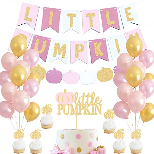 HEETON Little Pumpkin Banner Pink Girl Pumpkin Cake Topper Fall Baby Shower Birthday Halloween Thanksgiving Pumpkin Party Decorations Supplies Photo Booth Props