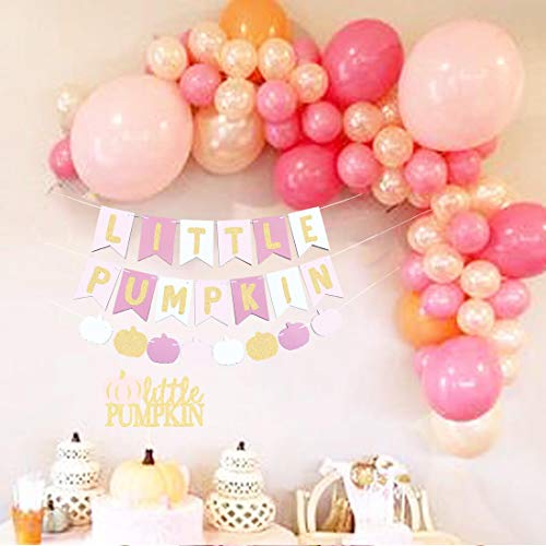 HEETON Little Pumpkin Banner Pink Girl Pumpkin Cake Topper Fall Baby Shower Birthday Halloween Thanksgiving Pumpkin Party Decorations Supplies Photo Booth Props