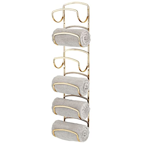 mDesign Steel Towel Holder for Bathroom Wall - Wall Mounted Organizer for Rolled Towels and Bath Robes - Six Level Wall Mount Towel Storage Rack - Bathroom Towel Organizer, Hyde Collection, Soft Brass