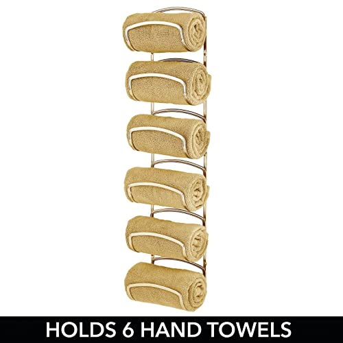 mDesign Steel Towel Holder for Bathroom Wall - Wall Mounted Organizer for Rolled Towels and Bath Robes - Six Level Wall Mount Towel Storage Rack - Bathroom Towel Organizer, Hyde Collection, Soft Brass