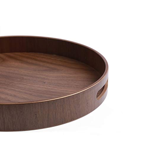 ALVITI Willow Wood Round Serving Tray with Handles 13 ¾ inch | Eco-Friendly, Decorative Accents for Wine Cellar, Kitchen, Living Room, Bedroom, Bathroom, Office, Café Tea Shop, Restaurant | (Walnut)