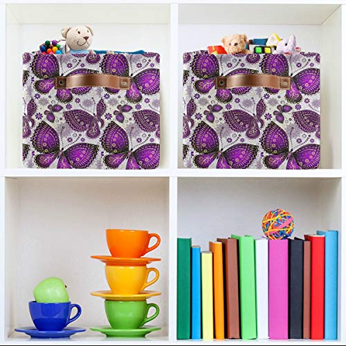 Nander Large Foldable Storage Bin Square Waterproof Storage Basket Cube with PU Handles for Organizing Nursery Home Closet & Office - Purple Butterfly, 2 Pack