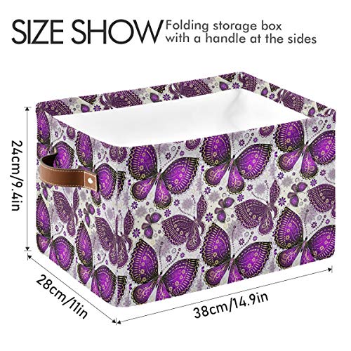 Nander Large Foldable Storage Bin Square Waterproof Storage Basket Cube with PU Handles for Organizing Nursery Home Closet & Office - Purple Butterfly, 2 Pack