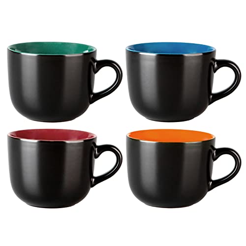 GBHOME Jumbo Soup Mugs with Handles, 24 Oz Large Coffee Mugs Set of 4, Ceramic Soup bowls for Coffee,Cereal,Snacks,Salad,Noodles etc Soup Cups,Microwave&Dishwasher safe-Matte Black, Colorful Inside