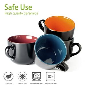 GBHOME Jumbo Soup Mugs with Handles, 24 Oz Large Coffee Mugs Set of 4, Ceramic Soup bowls for Coffee,Cereal,Snacks,Salad,Noodles etc Soup Cups,Microwave&Dishwasher safe-Matte Black, Colorful Inside