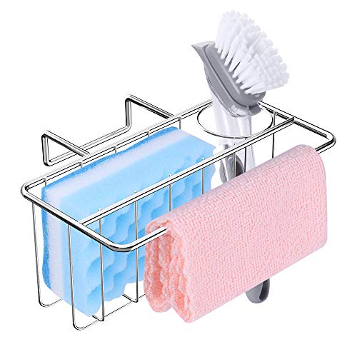 GEEKERA Sponge Holder for Kitchen Sink, 3-in-1 Sink Caddy, Brush, Dish Towel, Sponge Sink Organizer Liquid Drainer Rack - SUS304 Stainless Steel