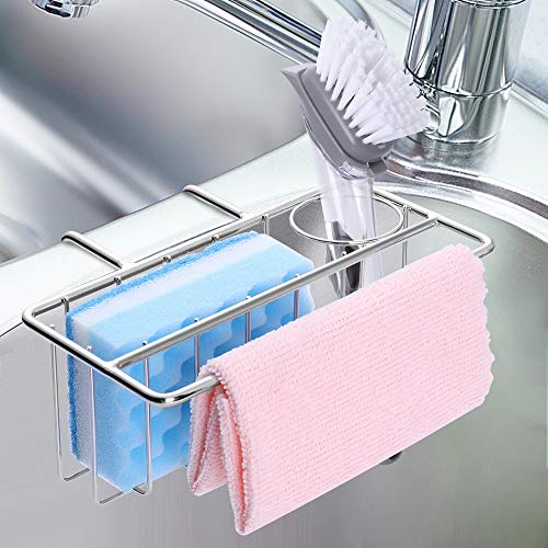 GEEKERA Sponge Holder for Kitchen Sink, 3-in-1 Sink Caddy, Brush, Dish Towel, Sponge Sink Organizer Liquid Drainer Rack - SUS304 Stainless Steel