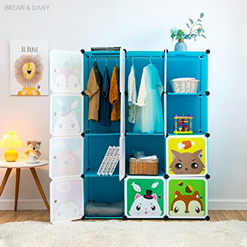 BRIAN & DANY Portable Cartoon Clothes Closet Wardrobe DIY Modular Storage Organizer, Sturdy and Safe for Children, 8 Cubes & 2 Hanging Sections, Blue