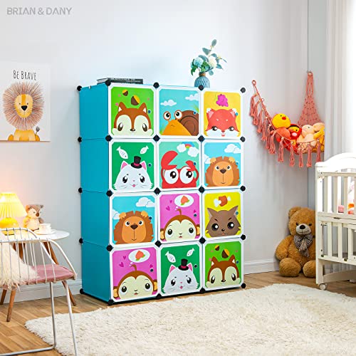 BRIAN & DANY Portable Cartoon Clothes Closet Wardrobe DIY Modular Storage Organizer, Sturdy and Safe for Children, 8 Cubes & 2 Hanging Sections, Blue