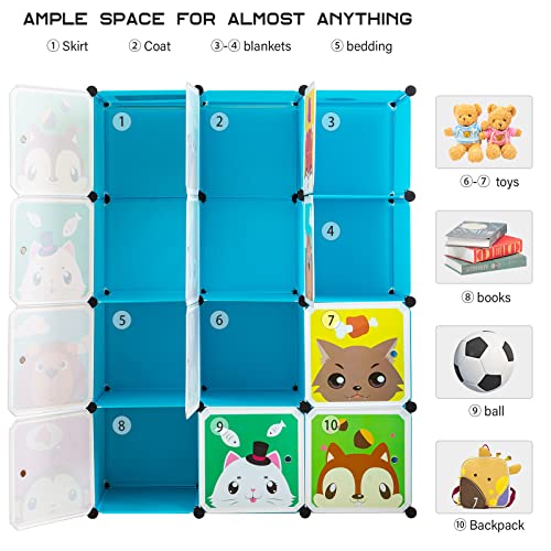 BRIAN & DANY Portable Cartoon Clothes Closet Wardrobe DIY Modular Storage Organizer, Sturdy and Safe for Children, 8 Cubes & 2 Hanging Sections, Blue