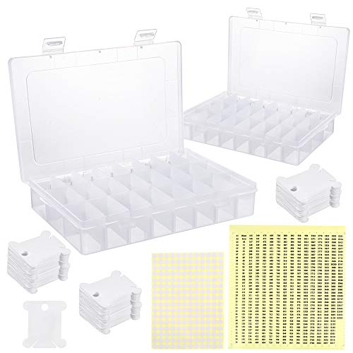 Caydo 2 Pieces Plastic Embroidery Floss Organizer, 24 Grids Cross Stitch Thread Box with 150 Hard Floss Bobbins 552 Floss Number Stickers and 165 Blank Stickers