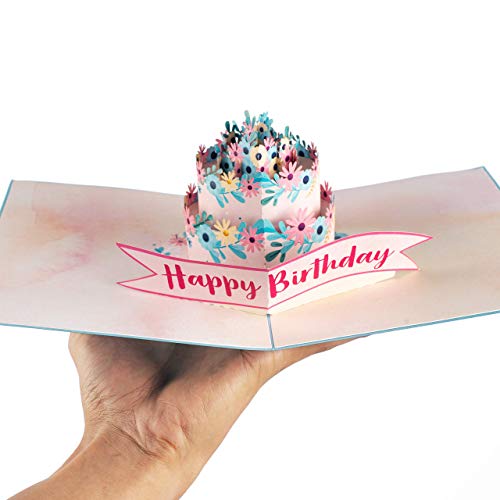 TRUANCE Pop Up Happy Birthday Card Unique 3D Cake and Flower For Mom Daughter Dad Sister and Friend, Birthday Card for Wife Husband Birthday Card With Blank Note