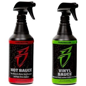 boat bling premium bundle - hot sauce hard water spot remover w/high-gloss wax sealants quickie sauce high-gloss fast wax, 32 oz.