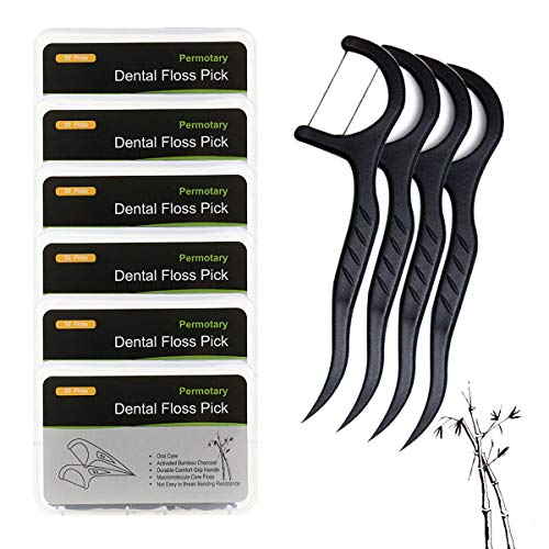 Permotary 6 Packs Bamboo Charcoal Dental Floss Picks Ultra-fine Smoother Portable Household Oral Care Floss Picks for Cleaner Healthier Mouth with Travel Handy Cases 300 Count Flossers