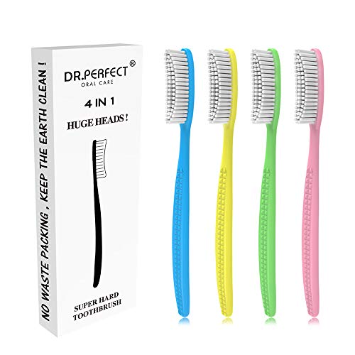 DR PEFECT Extra Hard & Firm Toothbrush BPA Free Large Long Head Whitening Teeth Pack of 4