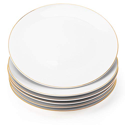 Gsain 10.5” Porcelain Dinner Plates with Golden Rim, Stackable Off-White Ceramic Round Serving Plate for Salad, Dessert, Steak, Pasta (Set of 6)