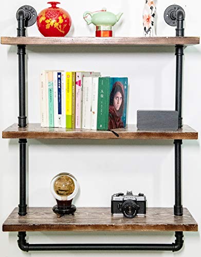 BIXIRAO Industrial Wall Mounted Iron Floating Pipe Shelves/Shelving/Racks/Storage/Bookcases/Brackets, DIY Open Bookshelves/Shelving for Kitchen/Office, Retro Black (3-Tier Floating Shelves)