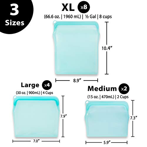 BluePerlOne 2-XL 100% Silicone Storage Zipper Bags (Food Grade, Reusable, BPA Free, Leak Proof, Dish Washer Safe) for Microwave, Oven, Fridge, Freezer & Sous Vide. (Two-1/2 Gal / 8 cups Bags)