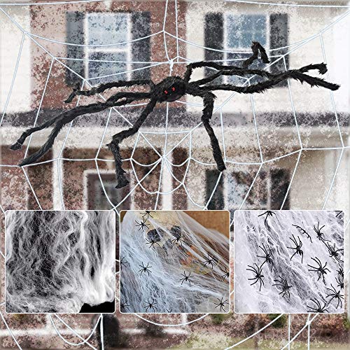 Halloween Spider Decorations, Halloween Yard Decoration with 5ft Big Scary Spider, 12ft Giant Spider Web, 20 small Spider and 40g / cover 120sq Huge Stretch Cobweb for Party Outside Garden Décor