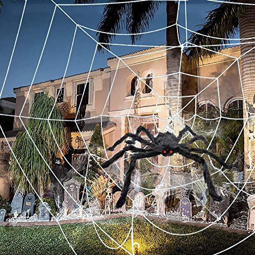 Halloween Spider Decorations, Halloween Yard Decoration with 5ft Big Scary Spider, 12ft Giant Spider Web, 20 small Spider and 40g / cover 120sq Huge Stretch Cobweb for Party Outside Garden Décor