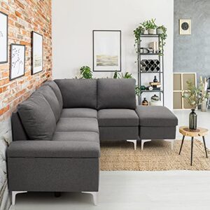 Esright Sectional Sofa with Ottoman, Convertible Sectional Sofa with Armrest Storage, Sectional Sofa Corner Couches for Living Room & Apartment, Gray Fabric