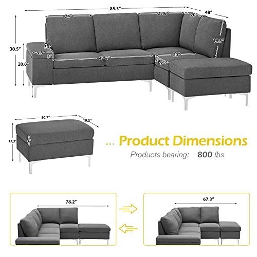 Esright Sectional Sofa with Ottoman, Convertible Sectional Sofa with Armrest Storage, Sectional Sofa Corner Couches for Living Room & Apartment, Gray Fabric