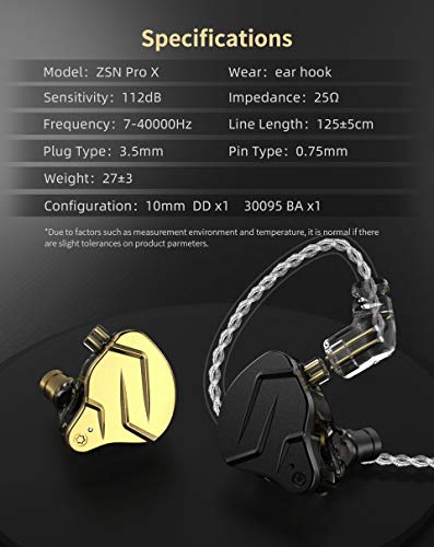 KZ ZSN PRO X 1DD+1BA Dynamic Drive Balanced Armature Hybrid in Ear Earphone,HiFi DJ Monito Running Sport Noise Cancelling, Metal Earphone Earbud,2PIN Detachable Cable Headset (Black no mic)