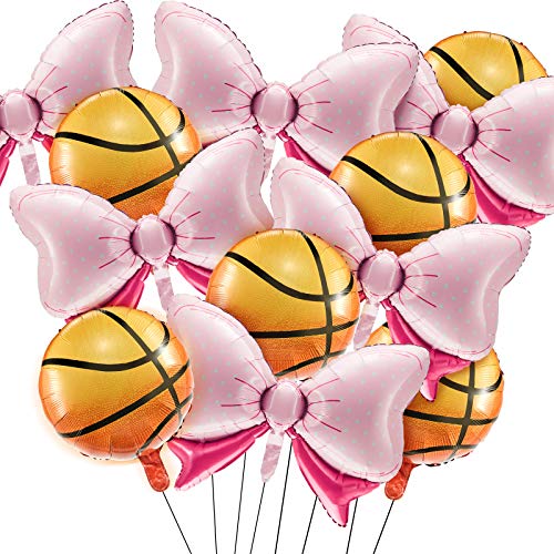 Sumind 6 Pieces Bow Balloon Bow Tie Pink Balloon Foil Pink Balloon and 6 Pieces Basketball Balloons Foil Mylar Baseball Balloon for Throws or Pink Bows Gender Reveal Party