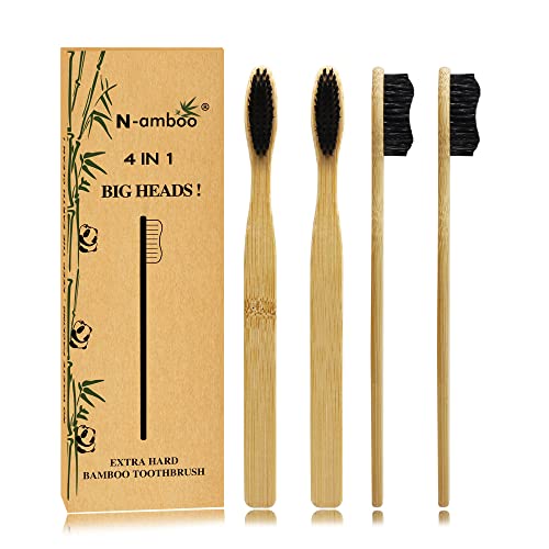 N-amboo Super Hard Toothbrush Bamboo Toothbrush Large Brush Head Manual Toothbrsuh Hard Bristles Pack of 4