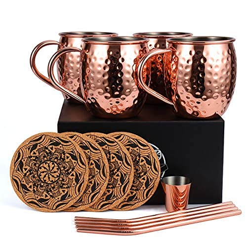 Eligara Moscow Mule Copper Mugs Set of 4 (16 oz), 100% Handmade Pure Copper Cup, Make Any Drink Taste Better. Gift Set: 1 Shot Glass 4 Straws and 4 Coasters (Classic - Cork Coaster)