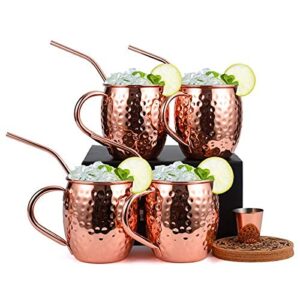 Eligara Moscow Mule Copper Mugs Set of 4 (16 oz), 100% Handmade Pure Copper Cup, Make Any Drink Taste Better. Gift Set: 1 Shot Glass 4 Straws and 4 Coasters (Classic - Cork Coaster)