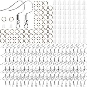 100 pcs hypoallergenic earring hooks, 925 sterling silver copper-plated earring hooks, fish hook earrings, 300 pcs earring making kit with jump rings and clear rubber earring backs, diy jewelry making