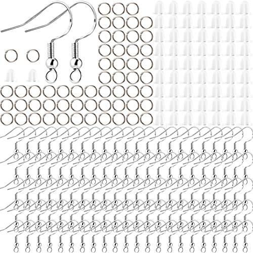 100 pcs Hypoallergenic Earring Hooks, 925 sterling Silver Copper-plated Earring Hooks, Fish hook Earrings, 300 pcs Earring Making Kit with Jump Rings and Clear Rubber Earring Backs, DIY Jewelry Making