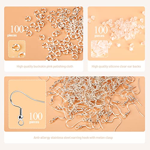 100 pcs Hypoallergenic Earring Hooks, 925 sterling Silver Copper-plated Earring Hooks, Fish hook Earrings, 300 pcs Earring Making Kit with Jump Rings and Clear Rubber Earring Backs, DIY Jewelry Making