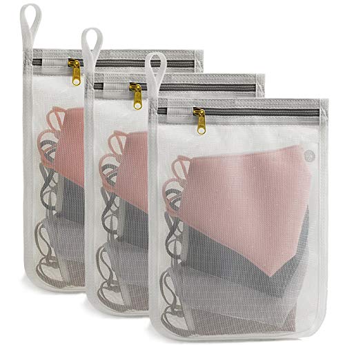 TENRAI 3 Packs Delicate Laundry Bags for Reusable Face Masks and Reusable Makeup Remover Pads,Fine Mesh Wash Bags,Use YKK Zipper, with Hanger Loop, Portable Mask Storage Bag (3 Small)