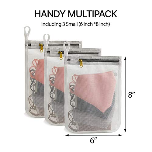 TENRAI 3 Packs Delicate Laundry Bags for Reusable Face Masks and Reusable Makeup Remover Pads,Fine Mesh Wash Bags,Use YKK Zipper, with Hanger Loop, Portable Mask Storage Bag (3 Small)