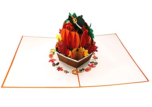 iGifts And Cards Happy Thanksgiving Pumpkin Pop Up Greeting Card - Awesome Thank You Gift, Family Celebration, Feast In A Basket Centerpiece, Blessings, Beautiful, Cool Pilgrim Hat Decoration, 6" X 8"