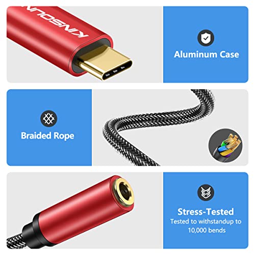 Kinsound USB Type C to 3.5mm Headphone Jack Adapter, 32bit Hi-Res Sound Quality, USB C to Audio Adapter Compatible with Samsung Galaxy S22/S21/S20 Plus,Pixel 6/5/4, iPad Pro, OnePlus,Motorola, Red