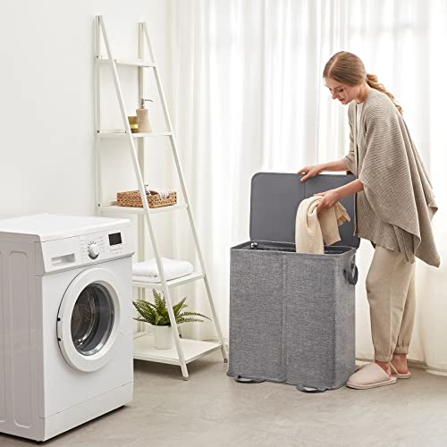 Lifewit Double Laundry Hamper with Lid and Removable Laundry Bags, Large Collapsible 2 Dividers Dirty Clothes Basket with Handles for Bedroom, Laundry Room, Closet, Bathroom, College, Grey